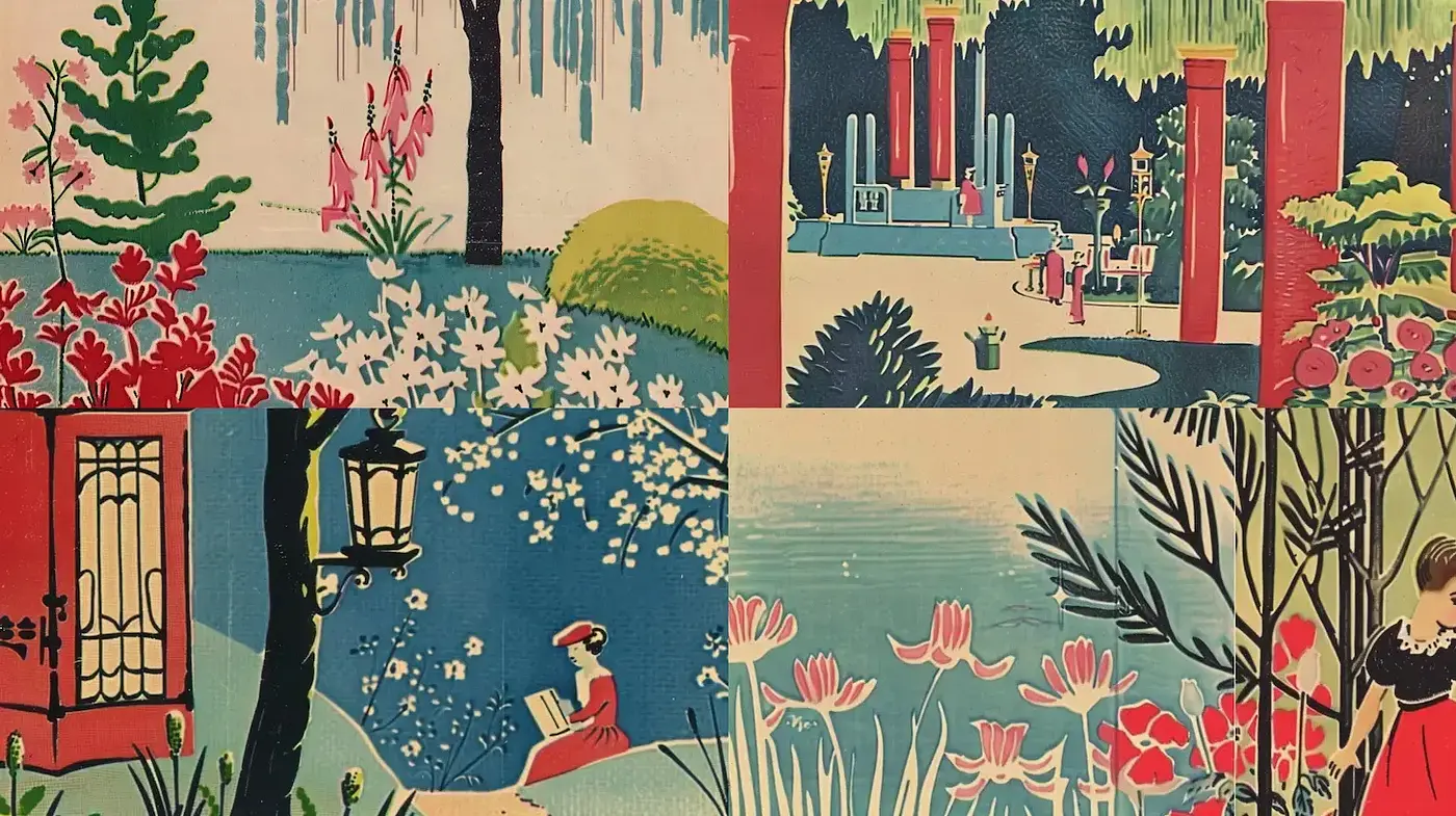 A Midjourney Style - Whimsical vintage garden scenes with a rich color ...